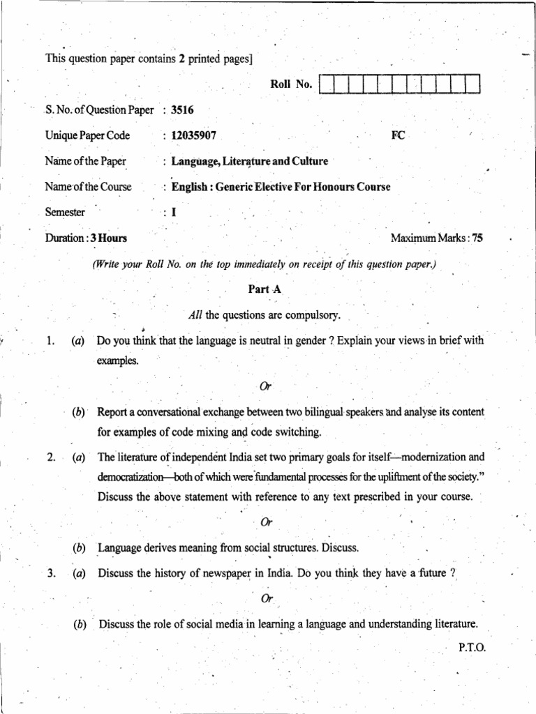 English Generic Elective For Honours Course Language, Literature and Culture SEM.I - 3516 | PDF