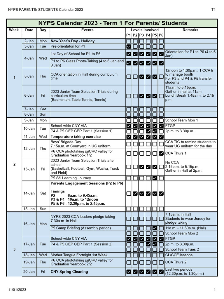 NYPS 2023 Term 1 Calendar | PDF