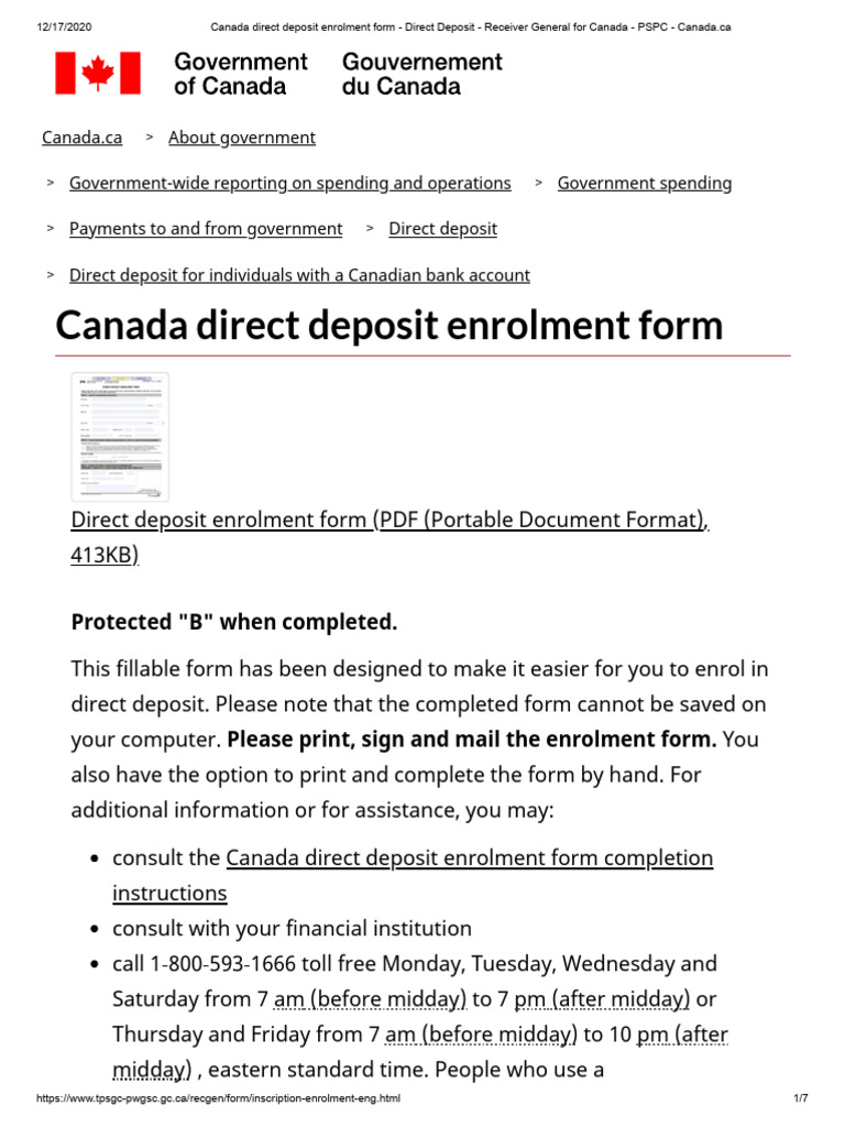 Canada Direct Deposit Enrolment Form - Direct Deposit - Receiver General For Canada - PSPC ...