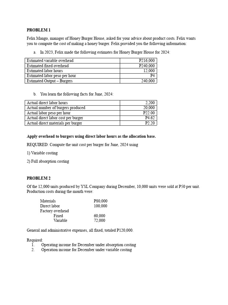 EXERCISES_ABSORPTION & VARIABLE COSTING | PDF