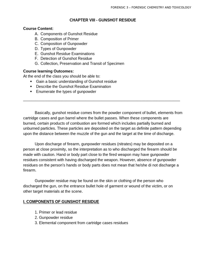 Gunshot Residue: Composition & Analysis | PDF | Gunpowder | Cartridge ...