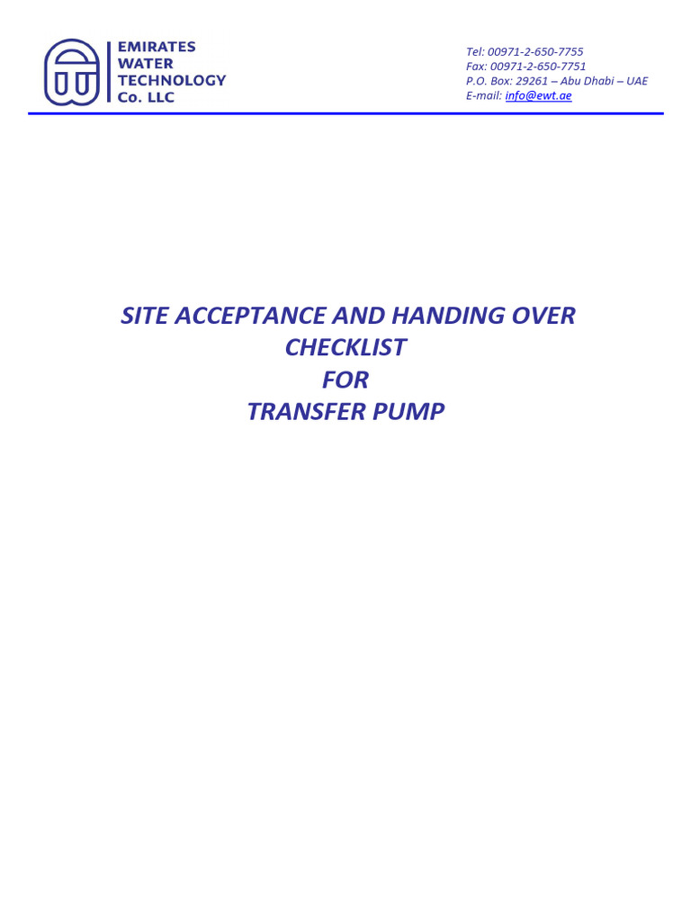 Site Acceptance Checklist - CHEVAL - Transfer Pumps | PDF | Pump | Valve