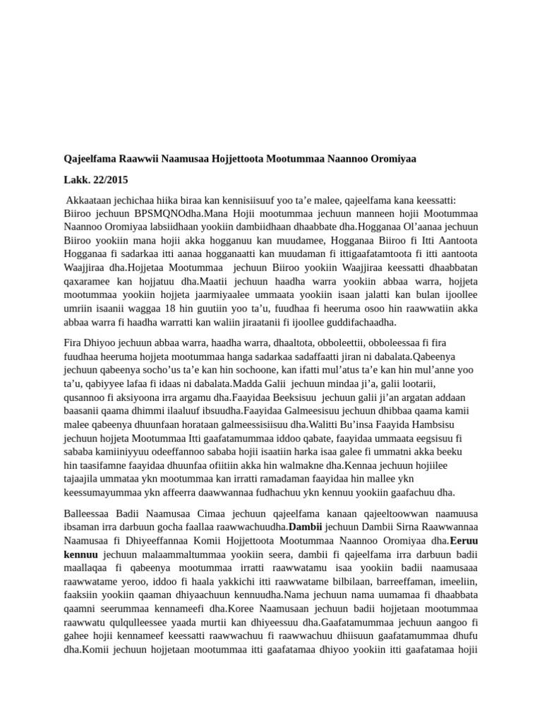 Qajeelfama Raawwii Naamusaa Hojjettoota Mootummaa Naannoo Oromiyaa | PDF