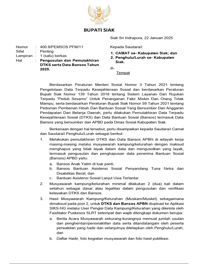 Surat Pemutakhiran Data Bansos Tahun 2025 | PDF