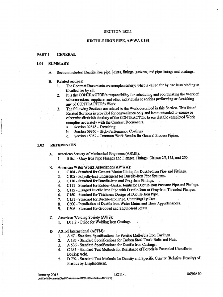 Sec 15211 - Ductile Iron Pipe, AWWA C151 PDF | PDF