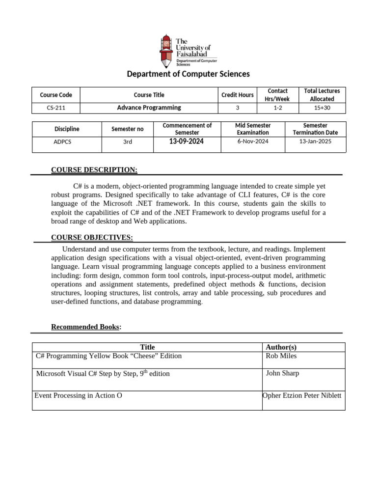 Advance Programming-Course Outline-Fall 2024 | PDF | C Sharp (Programming Language) | Object ...