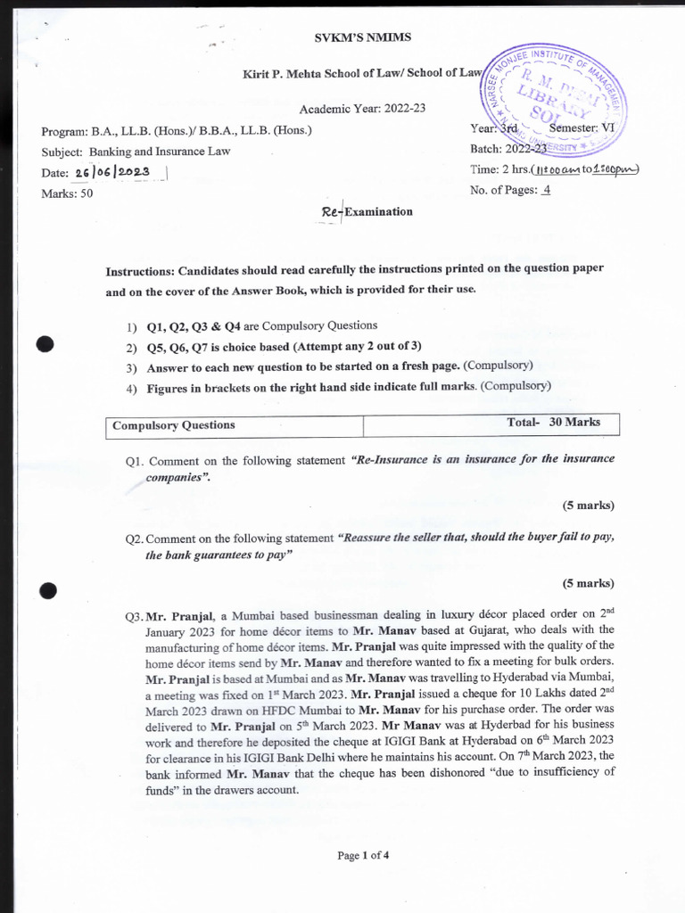 Banking and Insurance Law Exam Paper | PDF | Insurance | Banks