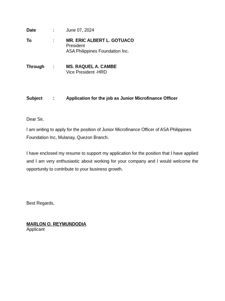 Asa Application Letter | PDF