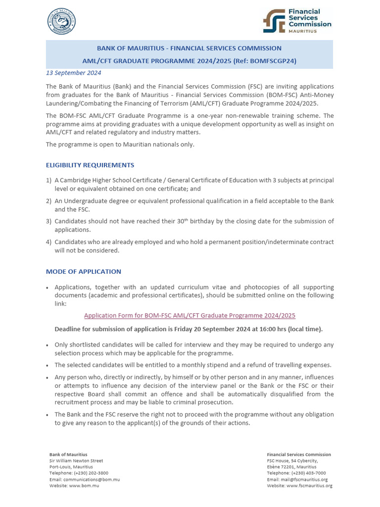 BOM-FSC AML/CFT Graduate Programme 2025 | PDF | Justice | Crime & Violence