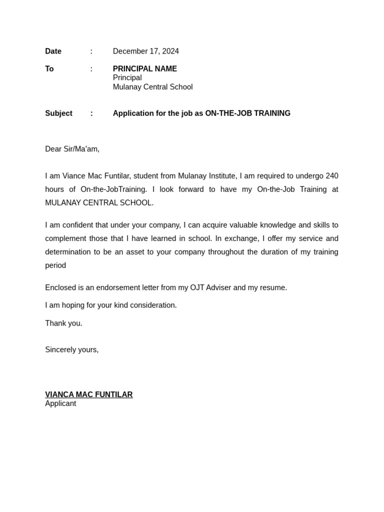 Ojt Application Letter | PDF