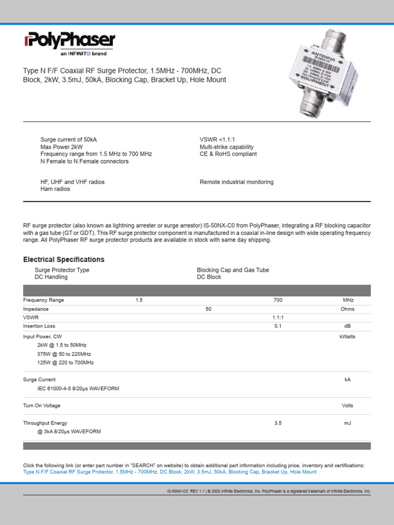 IS-50NX-C0 RF Surge Protector Datasheet | PDF | Electronics | Electrical Engineering