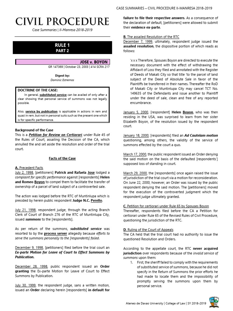 Civil Procedure Case Summaries (7 - Rule 1 Part 2) | PDF | Service Of ...