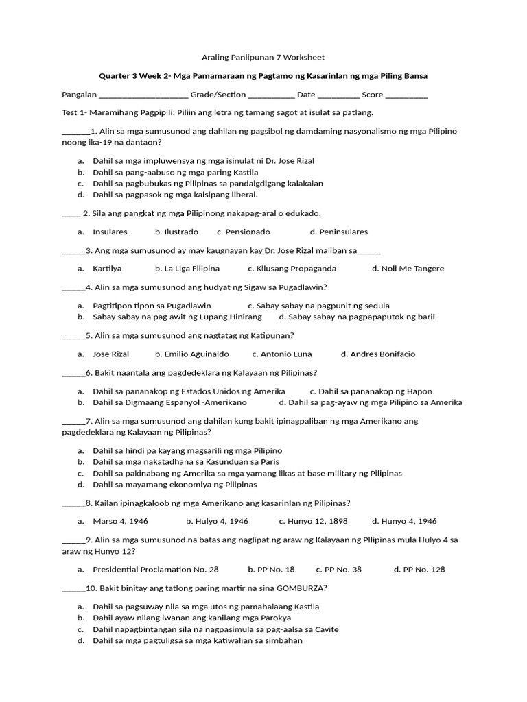 AP Worksheet Q3 - Pamamaraan NG Paglaya | PDF