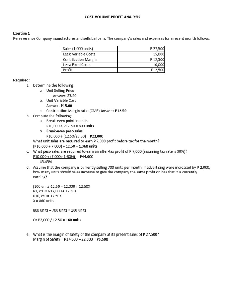 CVP Analysis - Summary and Exercises With Answer | PDF | Pricing ...