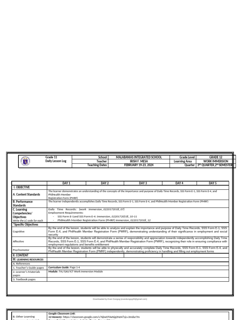 Work Immersion Weekly Diary: Day 3 | PDF | Cognition | Learning