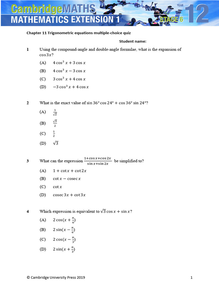 Trigonometric Equations Quiz & Answers | PDF | Trigonometric Functions ...