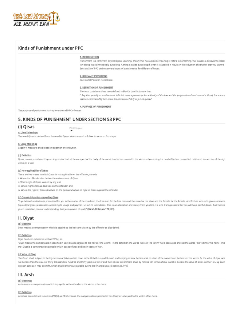 Kinds of Punishment Under PPC - The Law Study | PDF | Punishments | Crimes