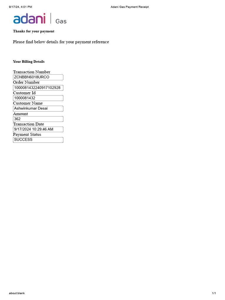 Adani Gas Payment Receipt Details | PDF