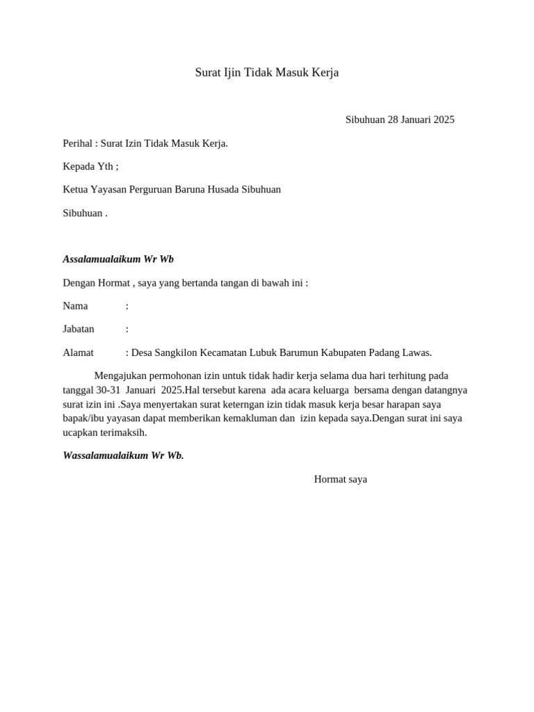 Surat Ijin Tidak Masuk Kerja | PDF