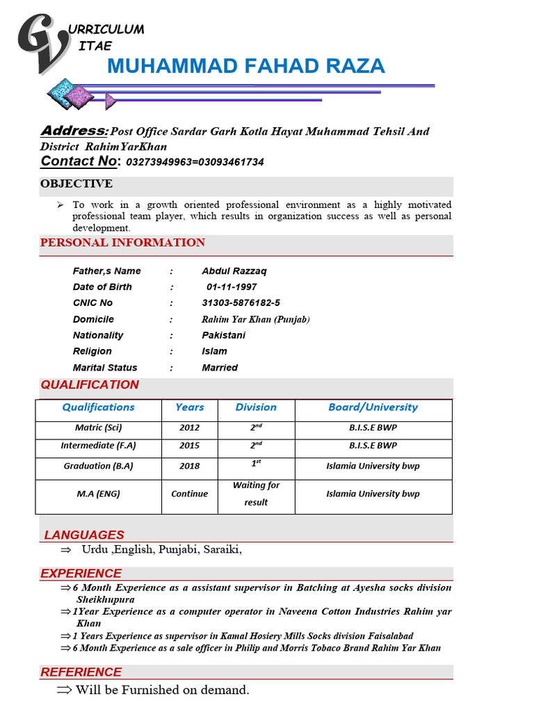 Muhammad Fahad Raza: Address | PDF