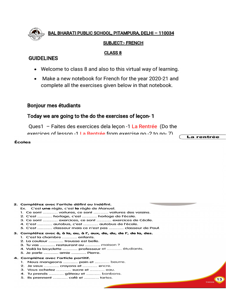 Class 8 French Exercises Guidelines | PDF