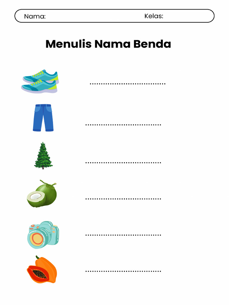 Menulis Nama Benda Worksheet Hitam dan Putih Gaya Ilustratif | PDF