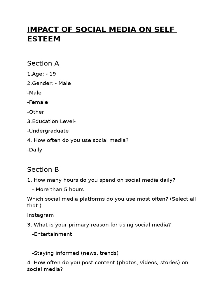 Social Media's Impact on Self-Esteem Survey | PDF