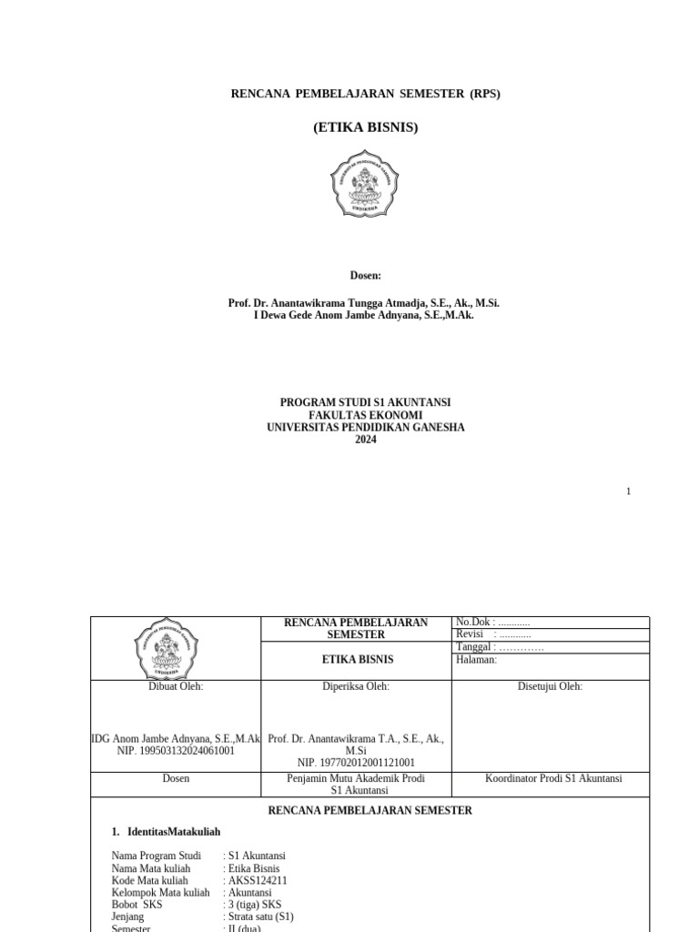 RPS Etika Bisnis Dan Profesi THK - 2025 | PDF