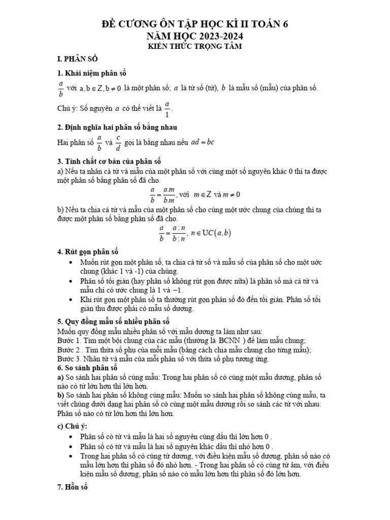 De Cuong On Tap Giua Hoc Ki 2 Mon Toan 6 Sach Chan Troi Sang Tao 48397 | PDF