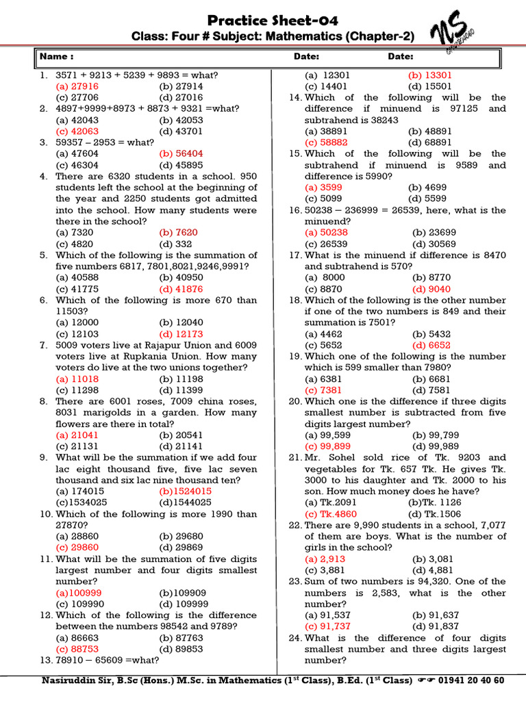 Practce Sheet-4 (4 - Math - Chapter-2) | PDF | Subtraction | Numbers