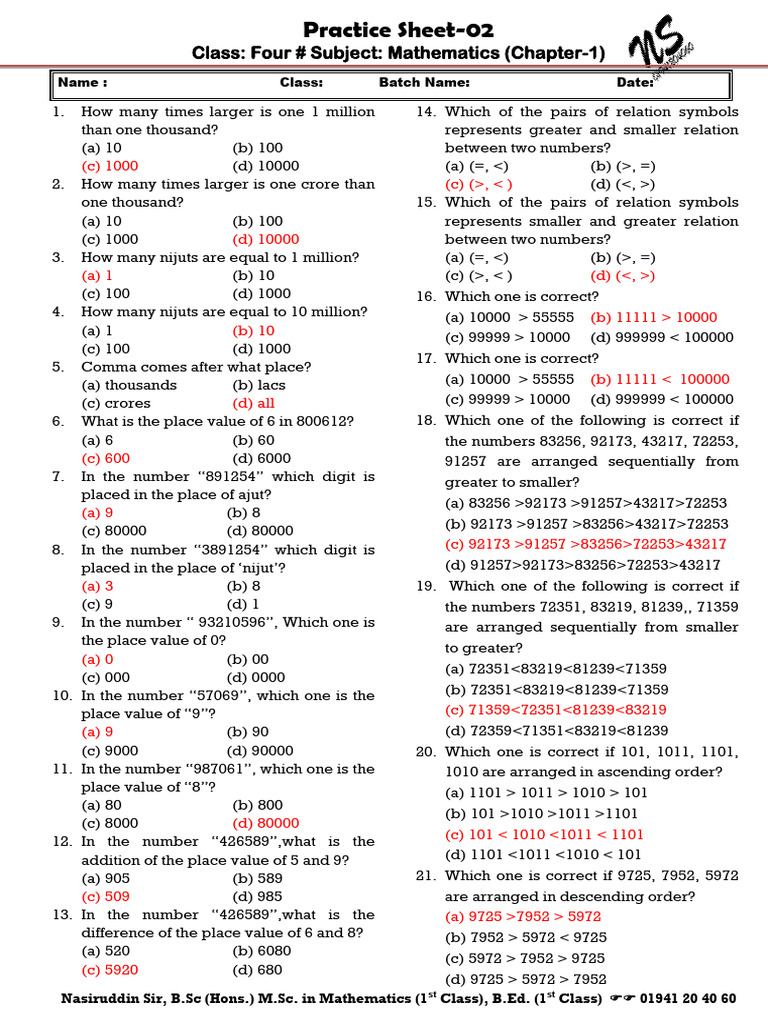 Practce Sheet-2 (4 Math Chapter-1) | PDF | Mathematics