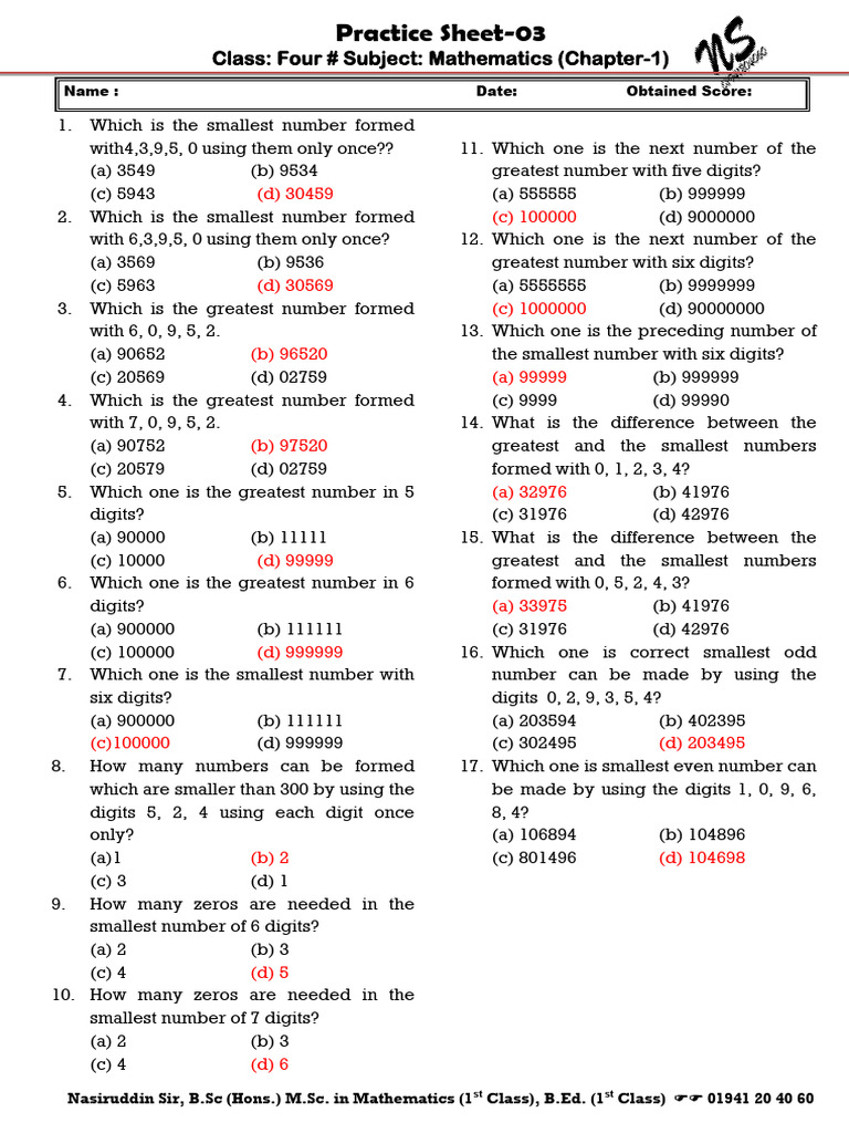 Practce Sheet-3 (4 Math Chapter-1) | PDF | Mathematics | Arithmetic