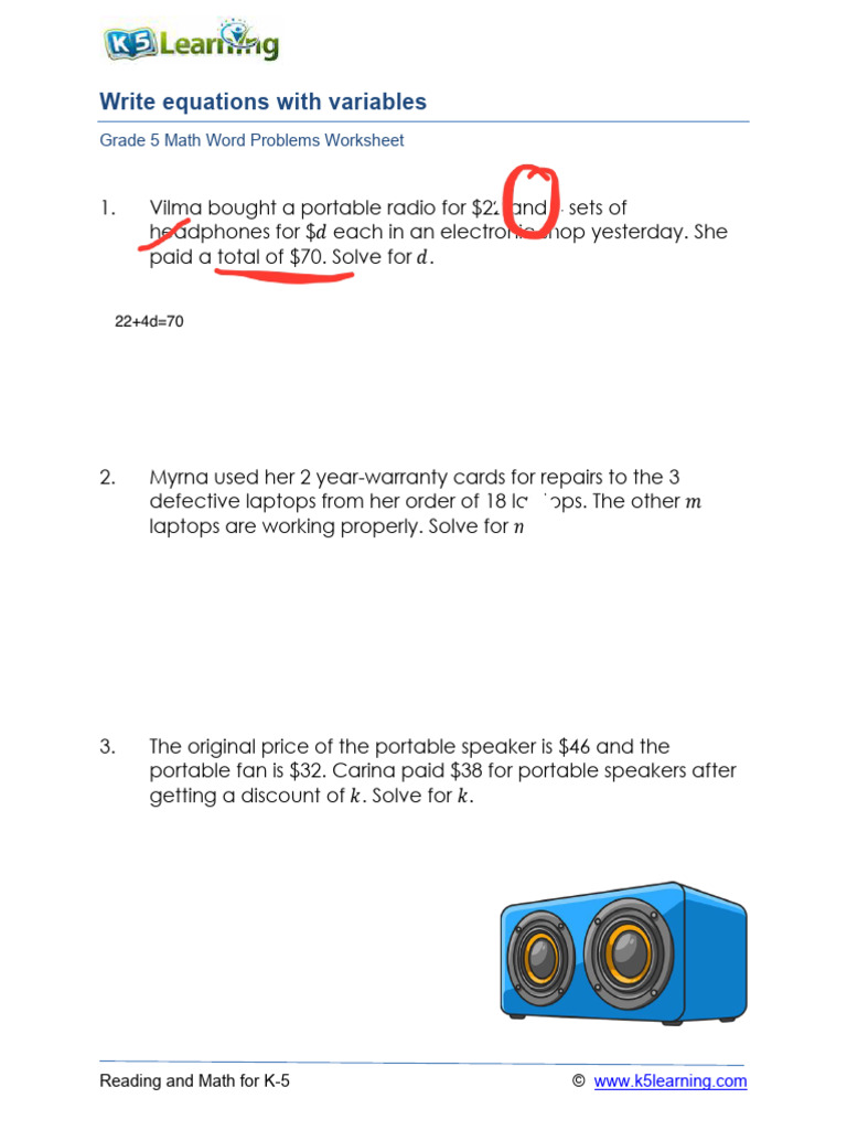 Grade 5 Word Problems Variables Equations D | PDF