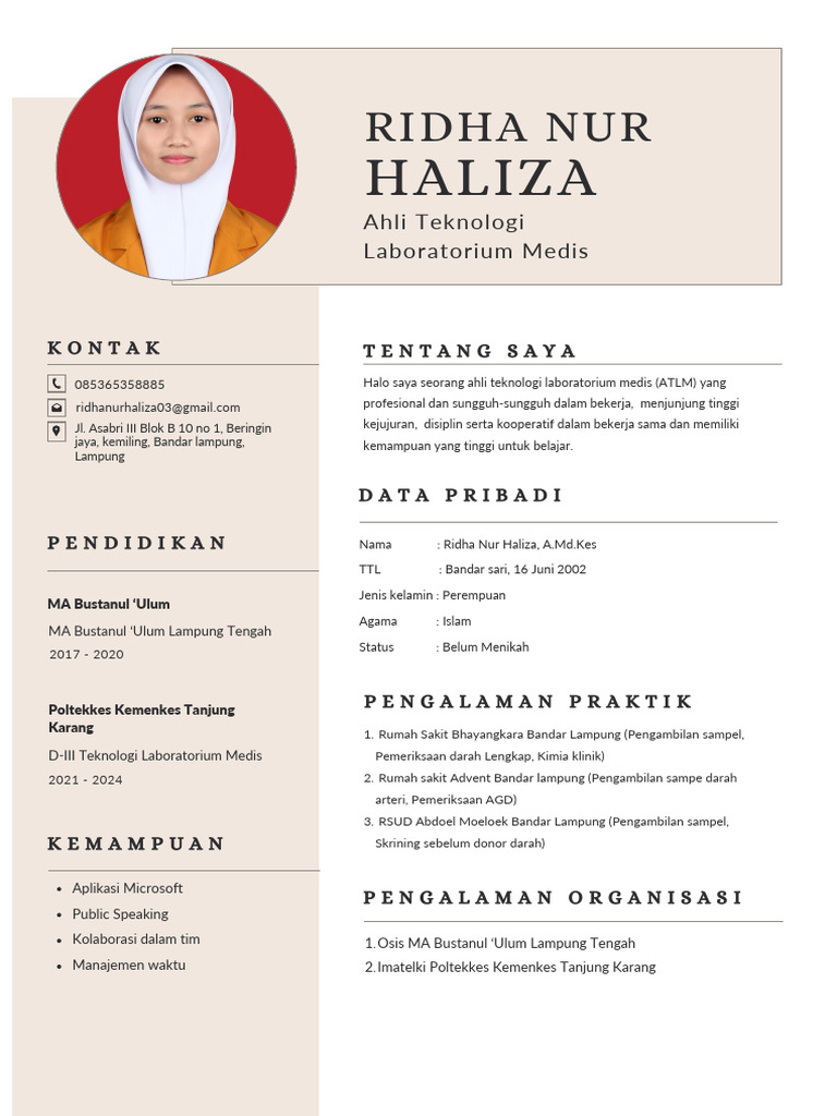 CV Ridha Nur Haliza | PDF
