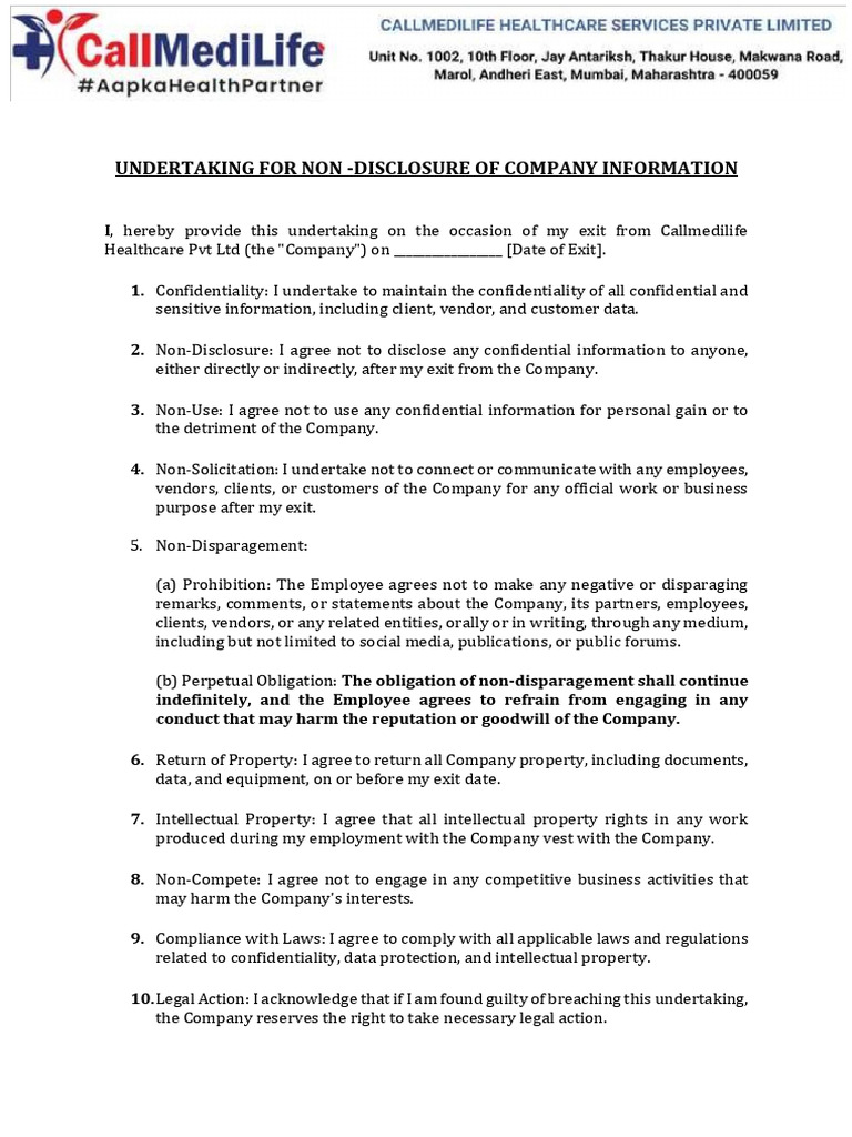 Undertaking (1) | PDF | Non Disclosure Agreement | Confidentiality