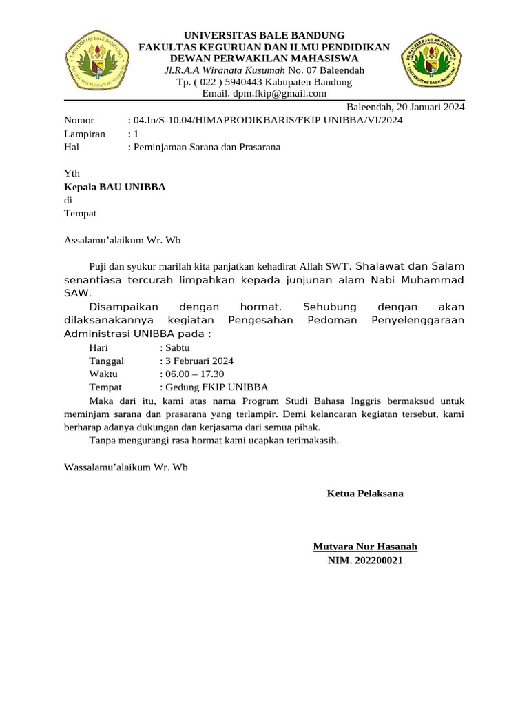 Contoh Surat Peminjaman Sarana Prasarana UNIBBA-1 | PDF