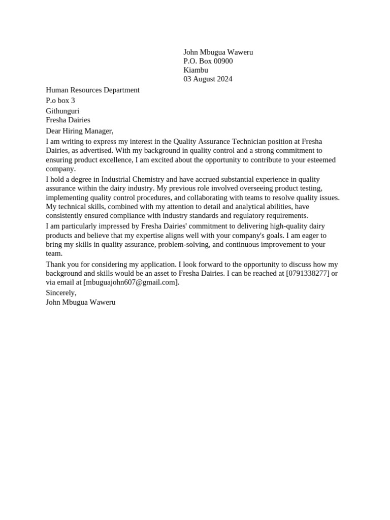 Application Letter... For John Mbugua Waweru | PDF