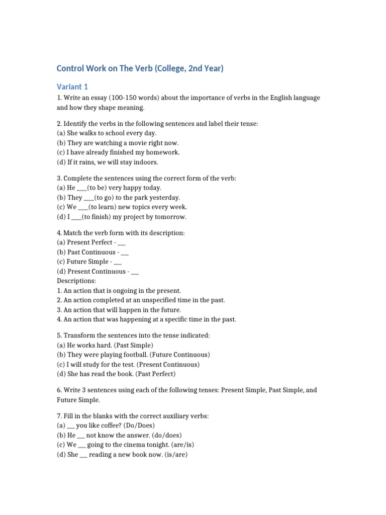 Control Work The Verb | PDF