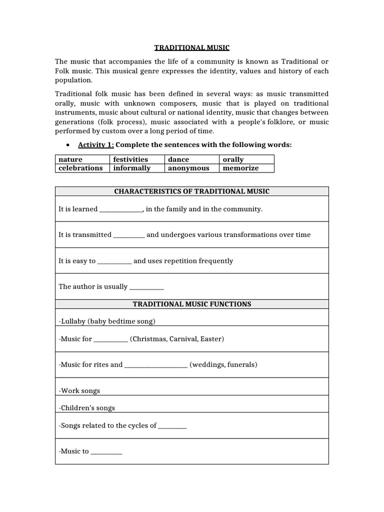 Traditional Music Activities | PDF | Folk Music | Songs