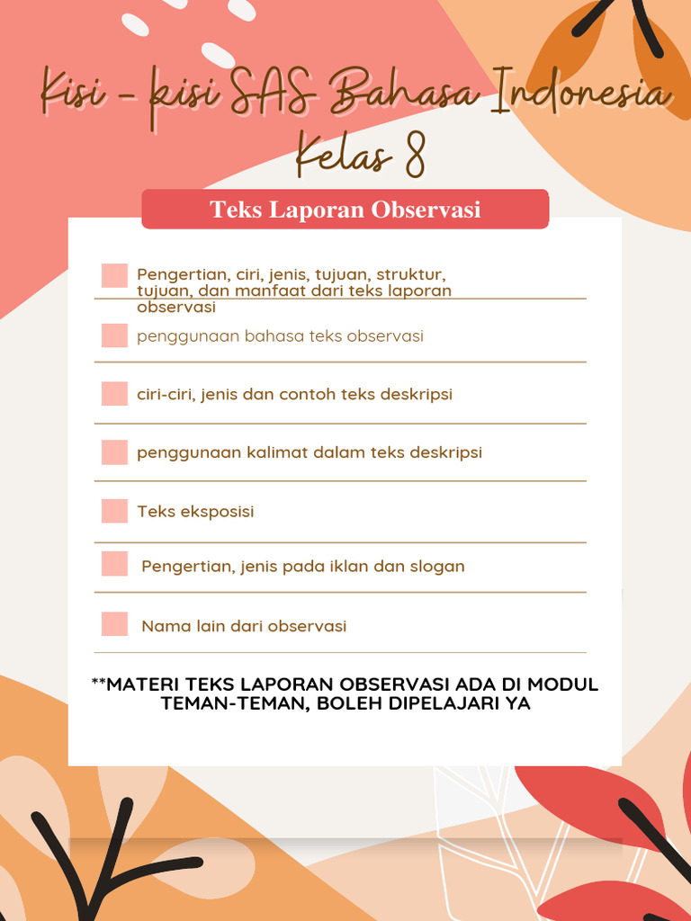 Kisi - Kisi Bahasa Indonesia Kelas 8 | PDF
