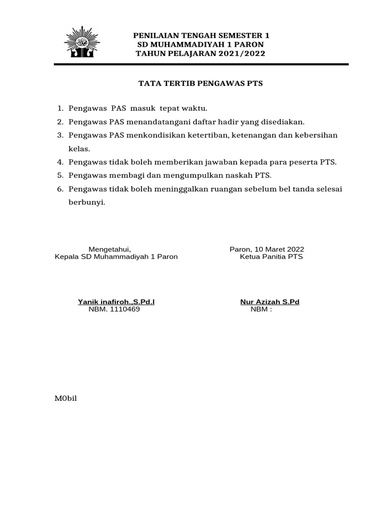 Tata Tertib Pengawas PTS SD Muhammadiyah | PDF