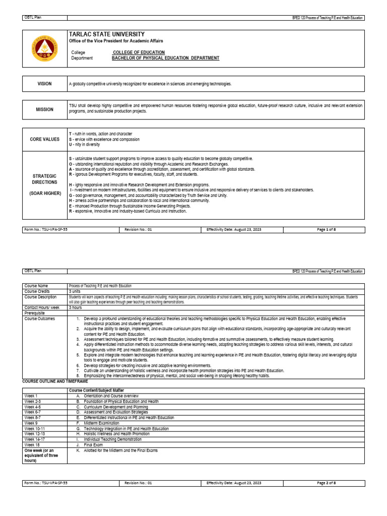 Bped 120 Obtl Revised25 | PDF | Physical Education | Educational Assessment