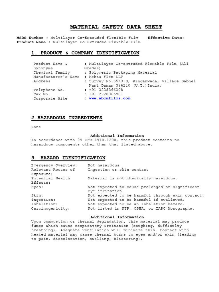 MEHTA FLEX LLP - MSDS 10 Feb | PDF | Firefighting | Combustion
