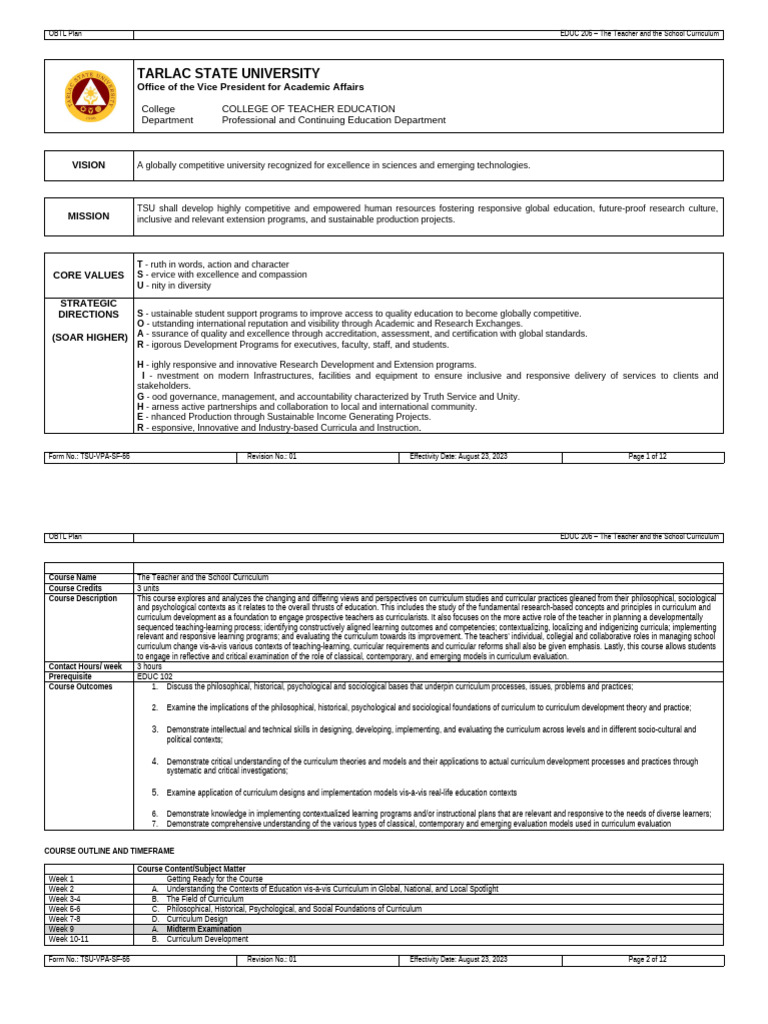 EDUC 205 Curriculum Overview and Goals | PDF | Curriculum | Educational Assessment