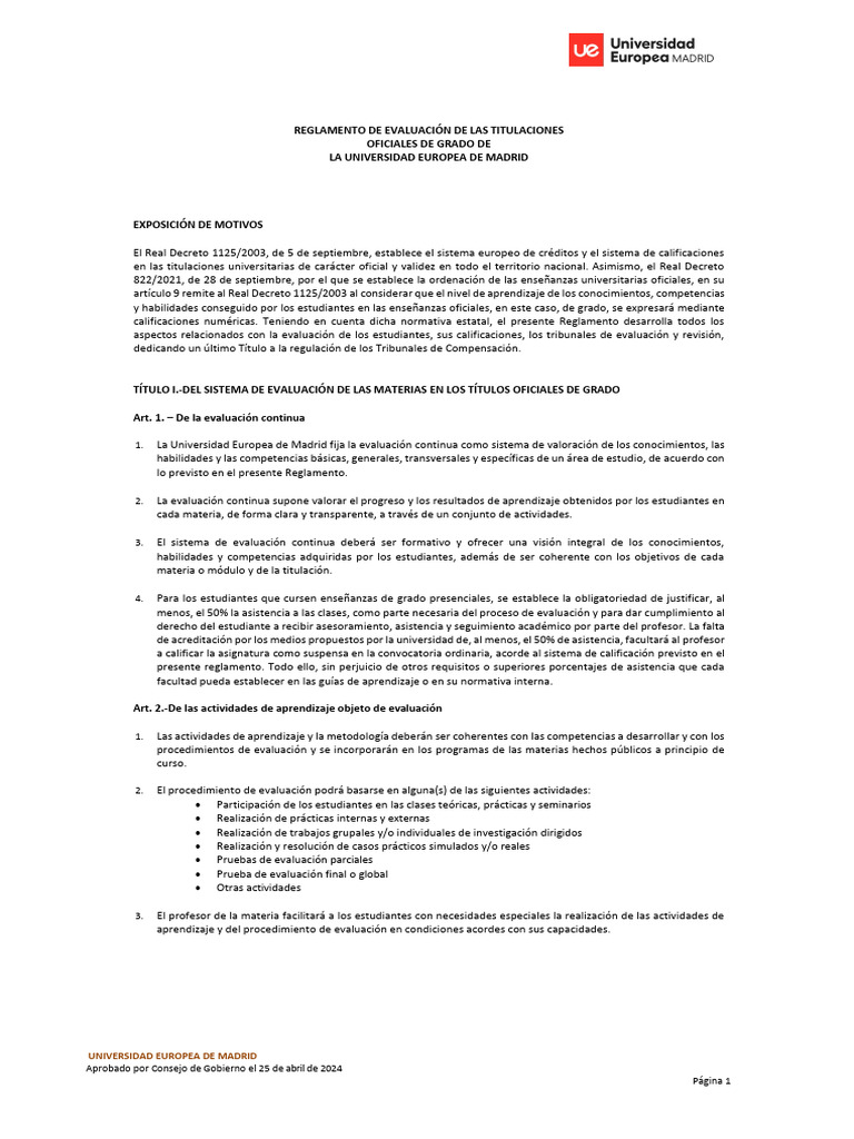 Reglamento Evaluación Grado UEM | PDF | Comisión Europea | Maestros