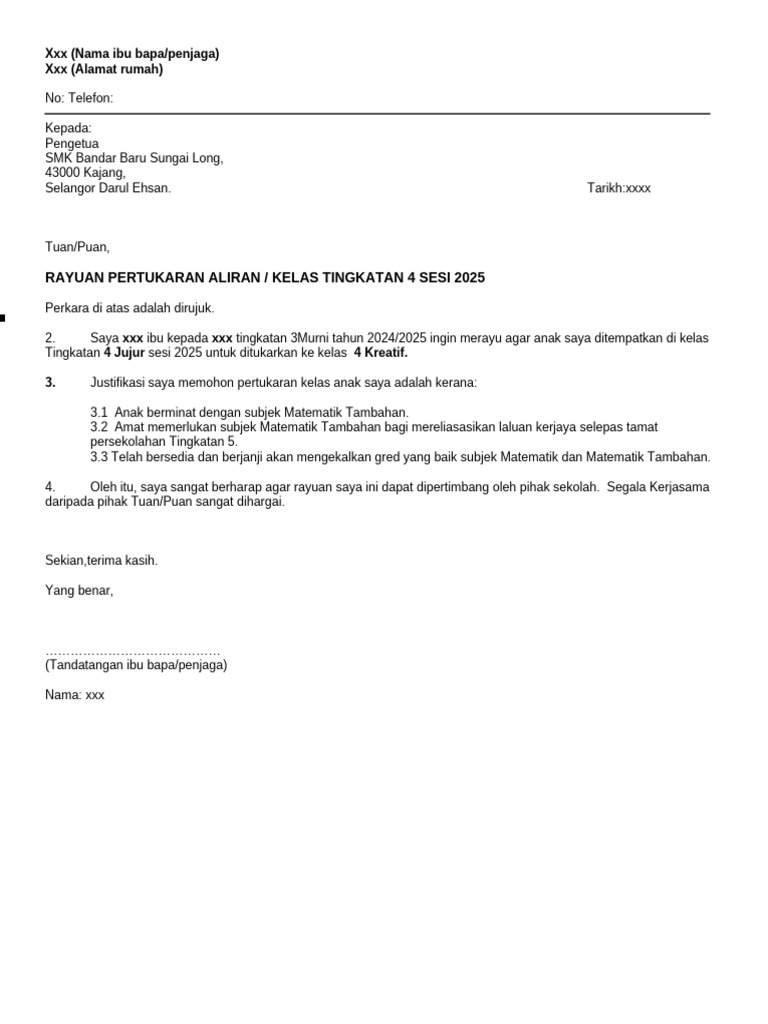 Rayuan Pindah Kelas SMK 2025 | PDF