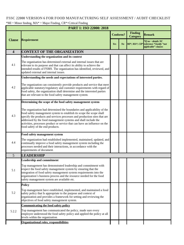 FSSC V.6 Internal Audit Checklist | PDF | Food Safety | Safety