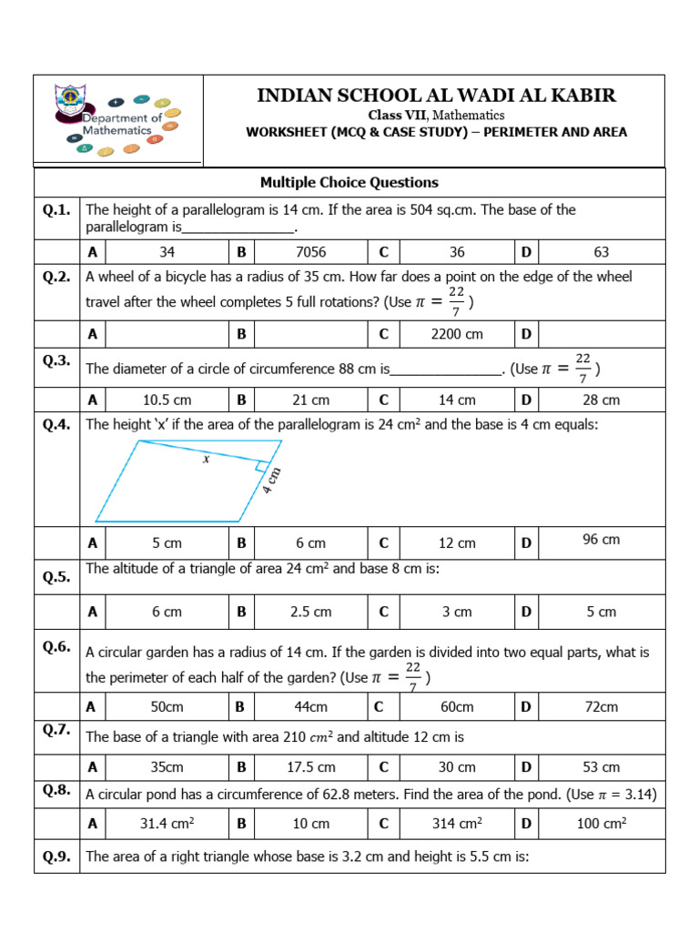 Class VII Math Worksheet: Perimeter & Area | PDF | Area | Geometry
