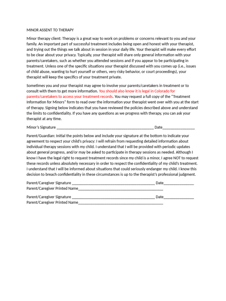 Minor Assent To Therapy | PDF | Psychotherapy | Confidentiality
