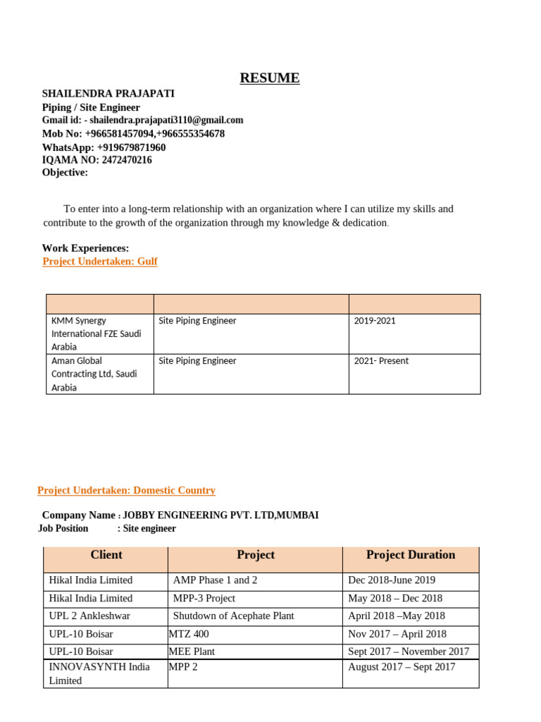 Piping Engineer Resume 1 | PDF | Mechanical Engineering